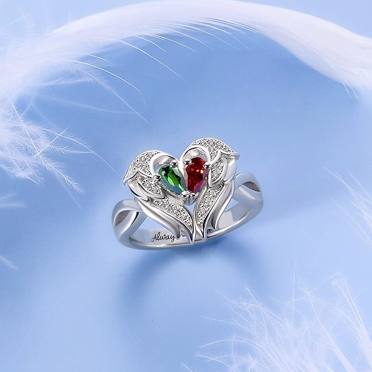 AILIN Custom Heart Angel Wings Two Birthstone Rings 925 Sterling Silver Personalized Inside Engraved Promise Rings Wedding Engagement Jewelry Gifts For Women Mother Girlfriends Wife