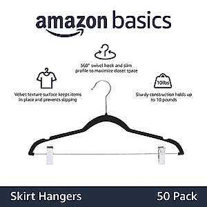 Amazon Basics Velvet, Non-Slip Skirt Clothes Hangers with Clips, Pack of 50, Black/Silver