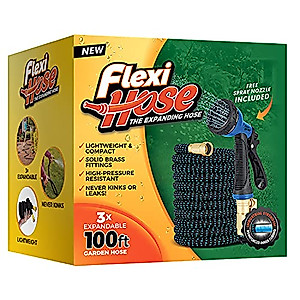 Flexi Hose with 8 Function Nozzle Expandable Garden Hose, Lightweight & No-Kink Flexible Garden Hose, 3/4 inch Solid Brass Fittings and Double Latex Core, 100 ft Blue Black