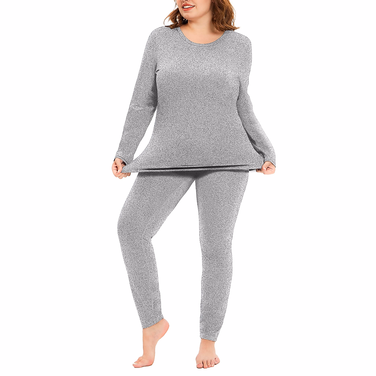 COOTRY Plus Size Thermal Underwear for Women Long Johns Fleece Lined Base Layer Sets Set - Light Gray 4XL