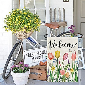 CROWNED BEAUTY Spring Garden Flag Floral 12x18 Inch Double Sided for Outside Tulips Welcome Burlap Small Yard Holiday Decoration CF743-12