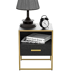 Black Nightstand Set of 2 with 1 Drawer and Open Storage, Black and Gold Modern Night Stands, Wooden Storage Bedside Tables with Metal Frame, Small End Side Table for Bedroom, Living Room