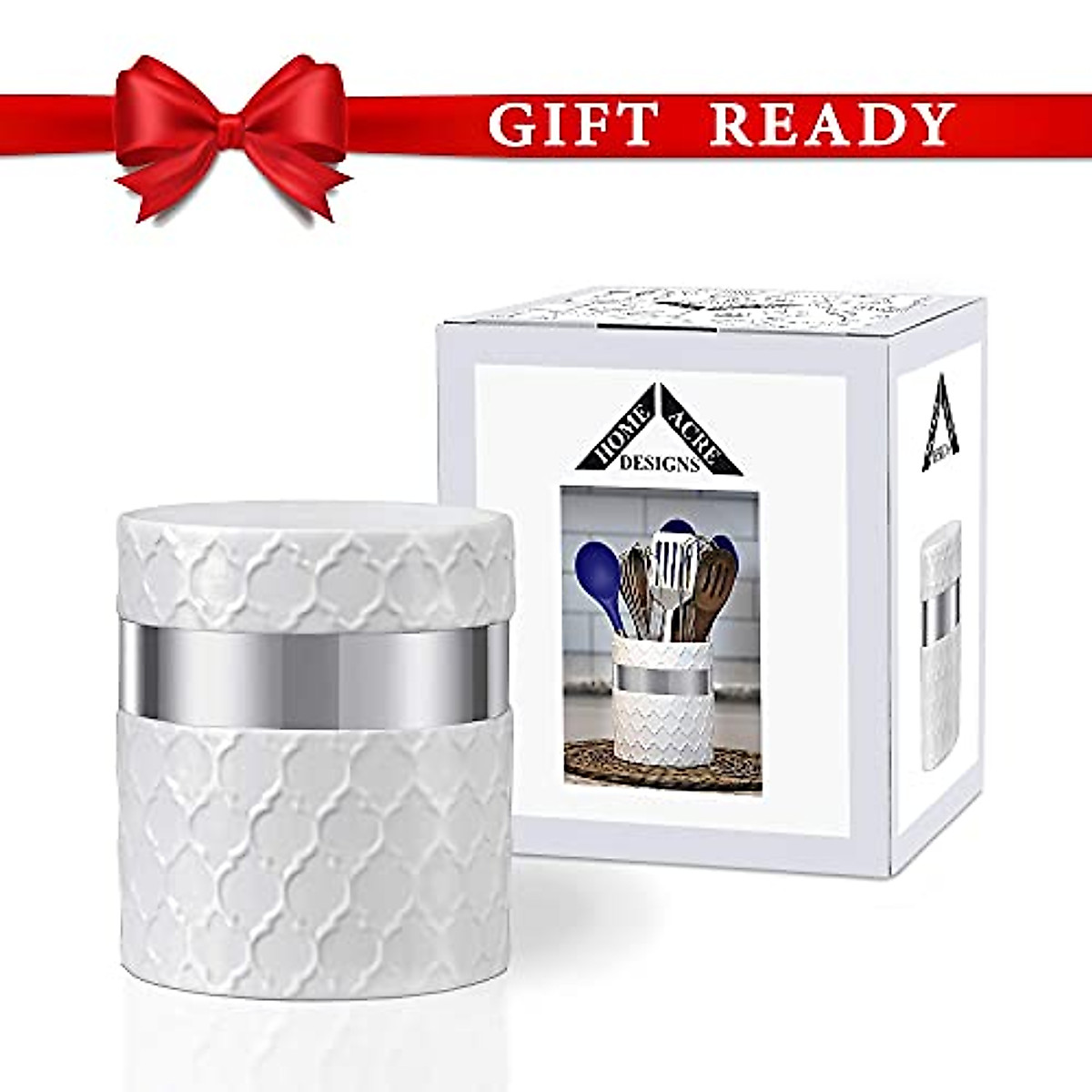 Home Acre Designs Kitchen Utensil Holder - Large Ceramic Farmhouse Countertop Crock, White/Silver