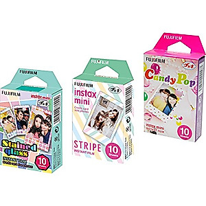 Fujifilm Instax Mini Instant Film 3 Pack Bundle (30 Sheets) with Stained Glass, Candy Pop & Stripe Instant Film