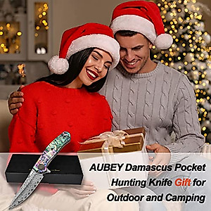 AUBEY Damascus Pocket Knife for Men Women, 3.23 inch Blade of EDC Hunting Knives with Abalone Shell Handle, Ball Bearing, Liner Lock - Sharp Damascus Steel Knife with Clip, Gift for Camping