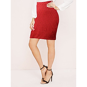 Topdress Women's Bodycon Pencil Skirts Basic Elastic High Waisted Stretch Short Skirt Knee Lenght with Slit Midi Red Black Dot Small