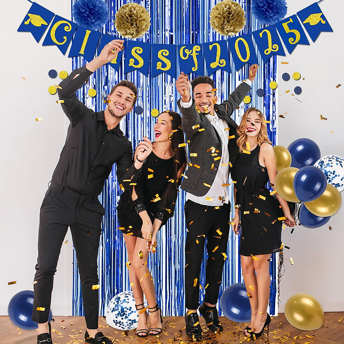 Graduation Party Decorations 2023-Blue and Gold Class of 2023 Banner Paper Pompoms, Congrats Grad Foil Fringe Curtain Backdrop and Senior Graduation Party Balloons Decorations Supplies