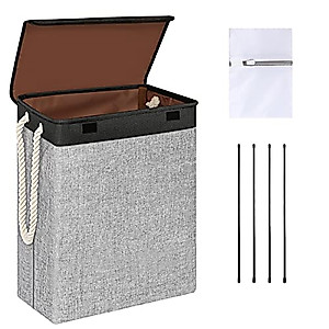 POBOMVOM 60L Laundry Basket with lid, Laundry Hamper with Rope Handles, Detachable Waterproof Dirty Clothes Basket for Laundry Hamper for Dorm, Bedroom, Bathroom Organization (19 inches,Dark Grey)