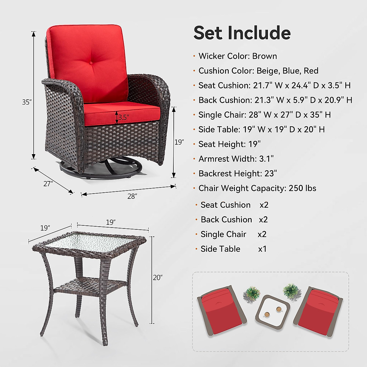 Gardenbee Patio Swivel Glider Wicker Chairs - Outdoor Swivel Rocking Chairs Set of 4 with 2 Wicker Side Tables, Patio Swivel Rocker Chair 6 Piece Patio Furniture Sets for Patio Porch Deck(Brown/Red)