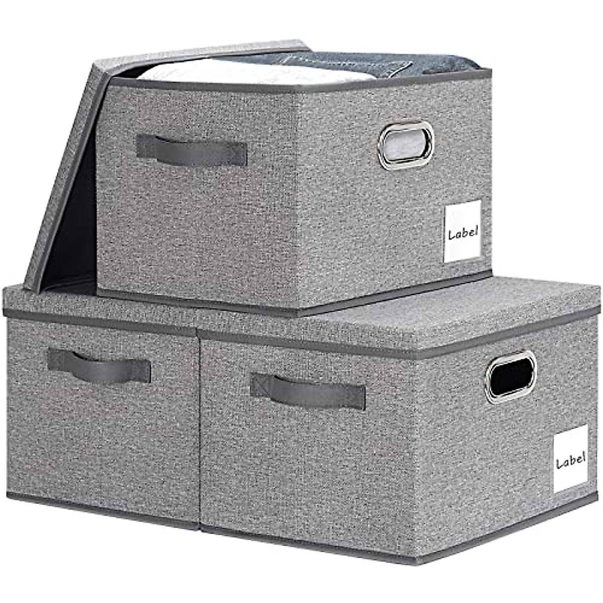 LHZK Large Storage Bins with Lids 6 Pack, Linen Fabric Storage Boxes with Lids, Foldable Storage Baskets with 3 Handles and Label Window for Shelves Bedroom Closet Office (15.75x11.8x10.2,Grey,Beige)