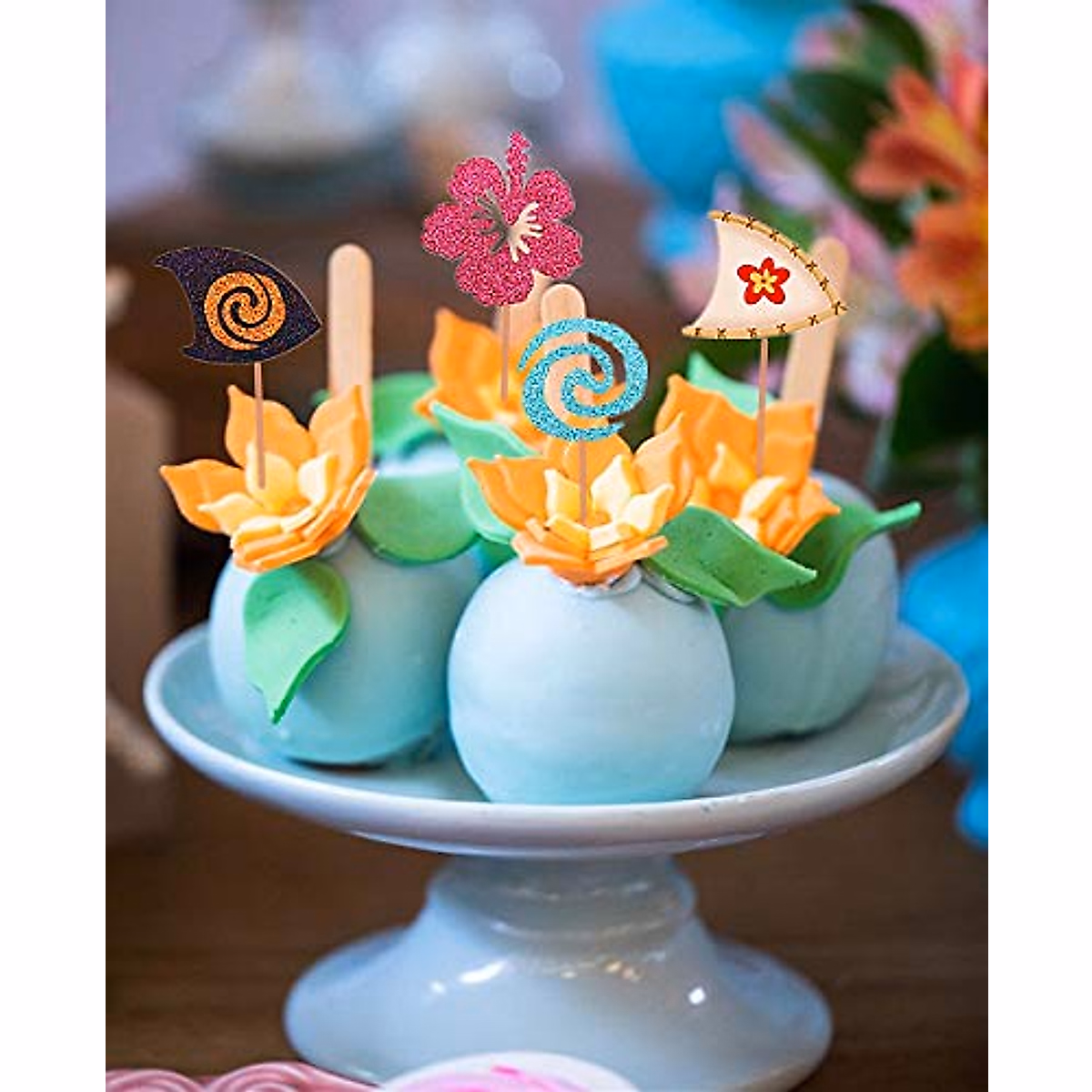 30 Pcs JeVenis Glittery Moana Inspired Cupcake Toppers Moana Cake Toppers Hawaiian Birthday Party Decoration for Tropical Luau Summer Party Baby Shower Wedding