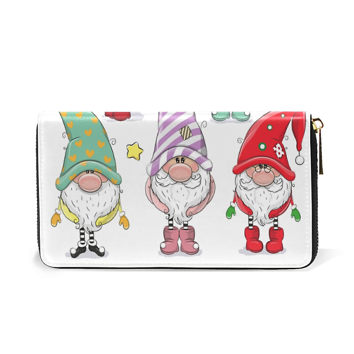 Colorful Cartoon Cute Gnomes Seamless On White Leather Long Wallet Organizer with Zipper Purse Clutch Bag for Women Men
