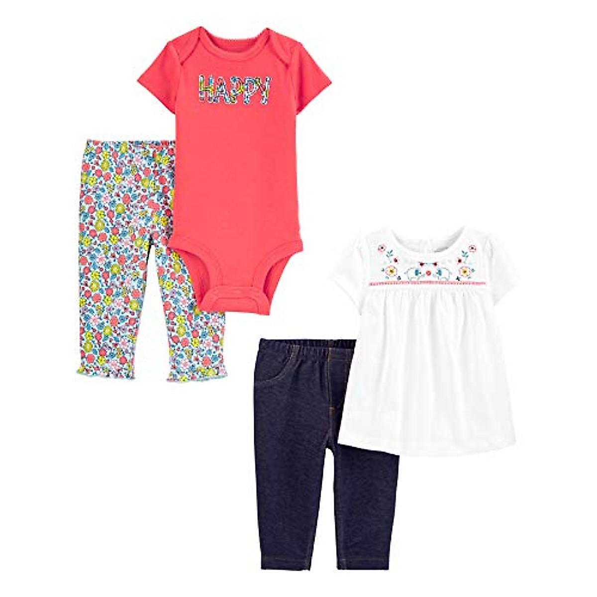 Simple Joys by Carter's Baby Girls' 4-Piece Bodysuit and Pant Set, Happy Pack/Floral, 18 Months