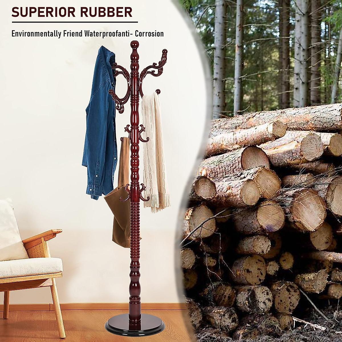 Zacammy Heavy Coat Rack Freestanding, Natural Wood Hall Tree, Adjustable Height 73in and Versatile 14 Hooks for Entryway, Porch, Living Room, Bedroom, Home Office (Rosewood)