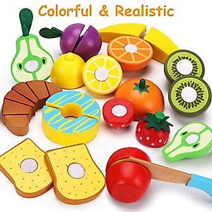 Wooden Pretend Play Food Sets Cutting Toys for Kids Kitchen Accessories Playset Montessori Toys with Toy Knife Velcro Fruit Board Learning Educational Fine Motor Skills Toddler Toys Birthday Gift