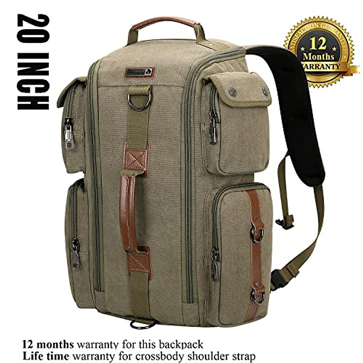 WITZMAN Travel Backpack for Men and Women Carry On Canvas Backpack Duffel Bag for Airplanes Fit 17 Inch Laptop (6661 Green)