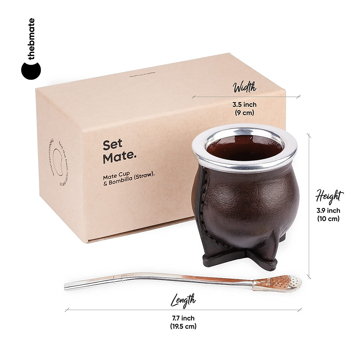 thebmate [Camionero Mate Premium Set Yerba Mate Cup - Crafted Ceramic Teacup - Leather Wrapped Handmade in Uruguay - Set Mate Camionero, German Silver Bombilla Straw, Cleaning Brush (Dark Brown)