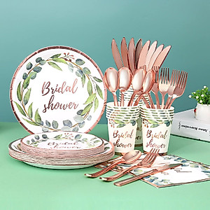 168Pcs Green and Rose Gold Party Decoration, Bridal Shower Plates and Napkins Sets, Bridal Shower Plates Party Supplies, Rose Gold Plates for Wedding Festivities, Serves 24