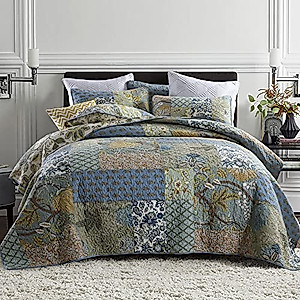 Yvooxny Quilt Set California King Bedspread Oversized Quilt Reversible Green Farmhouse Garden Coverlet Real Patchwork Quilt Set for All Seasons, Bohemian Floral Pattern, California King Size