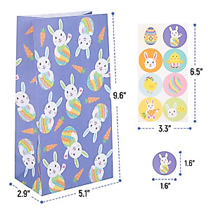 DECORLIFE 24PCS Easter Treat Bags, Easter Goodie Bags for Kids, Paper Bag Bulk for Candy, Gift, Party Favors, Eggs/Chicks/Bunny Printing with 24PCS Stickers Included