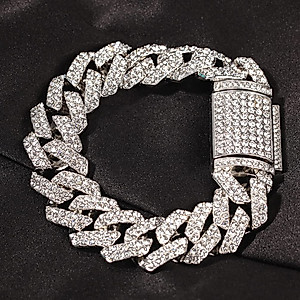 18mm Cuban Link Bracelet for Men Women, Bracelet Chain Curb Chain, Bling Rhinestone Bracelet Clasp Chain, Hip Hop Jewelry, Silver, 18x1.8cm (009316MNWRBR71MFV)