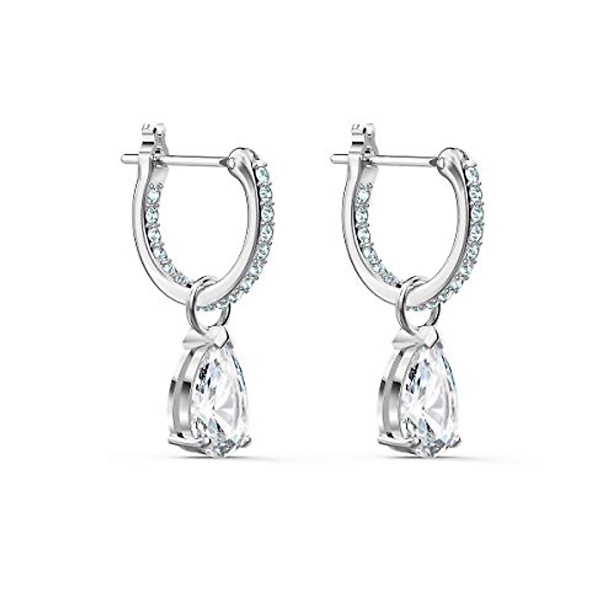 Swarovski Stilla Attract Mini Hoop Pierced Earrings with Pear Shaped Clear Cut Crystal and Matching Pavé on a Rhodium Finished Setting with a Hinge Closure