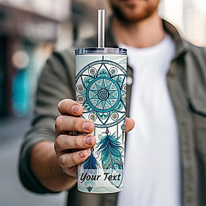 Personalized Custom Name Text Abstract Teal Blue Dream Catcher Southwestern Design Skinny Tumbler 20oz with Straw Insulated Water Bottle Gift - 1 Line Horizontal