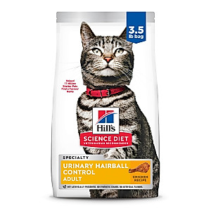 Hill's Science Diet Urinary Hairball Control, Adult 1-6, Urinary Track Health & Hairball Control Support, Dry Cat Food, Chicken Recipe, 3.5 lb Bag