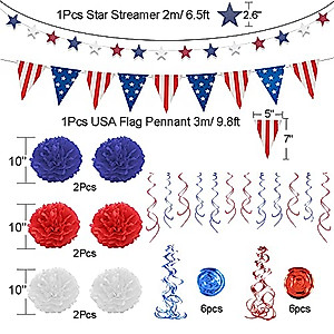 4th of July Decorations 26PCS Patriotic Decorations Set Memorial Election Party Supplies Red White Blue Hanging Paper Fans, USA Flag Pennant, Star Streamer, Pom Poms, Hanging Swirls