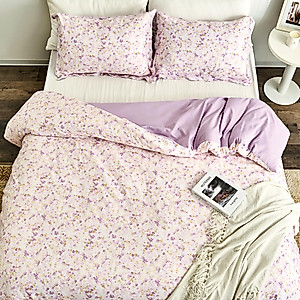 McVernon's Floral Duvet Cover Twin Size, 2 Pcs Purple-Pink Duvet Cover for All Season, Soft, Breathable ＆ Durable Bedding Sets with Zipper Closure and Ties, 1 Duvet Cover and 1 Pillow Shams