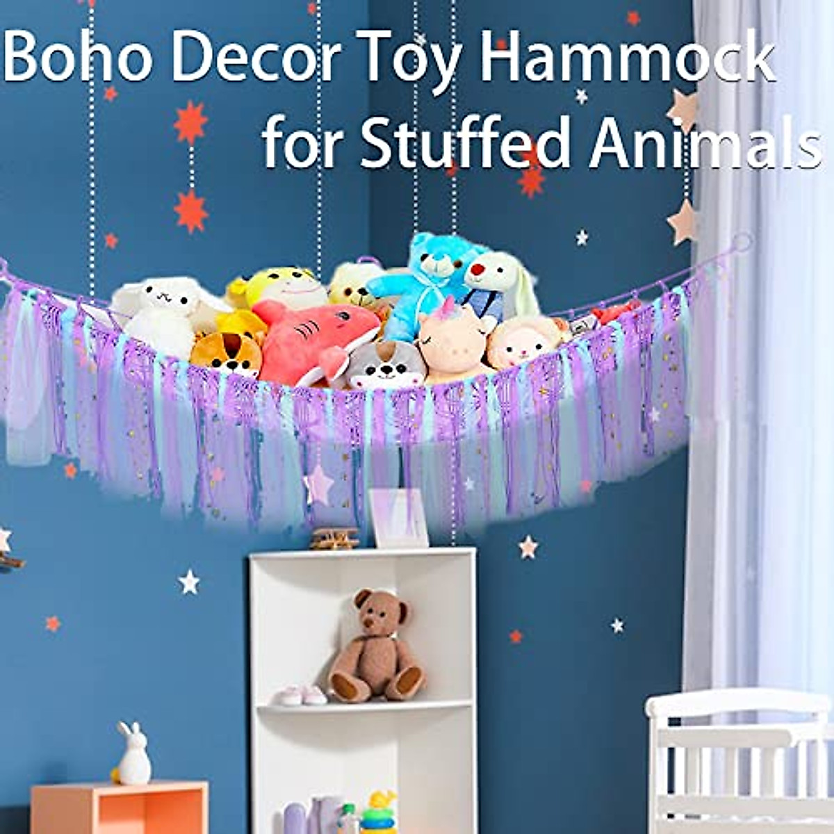 Stuffed Animal Hammock, Stuffed Animal Storage Net, Hanging Plush Net Hammock for Dolls, Toy Hammock Holder Boho Wall Corner Hammock Organizer inc Hooks, Stuffed Animal Toy Bags & Nets (Purple)