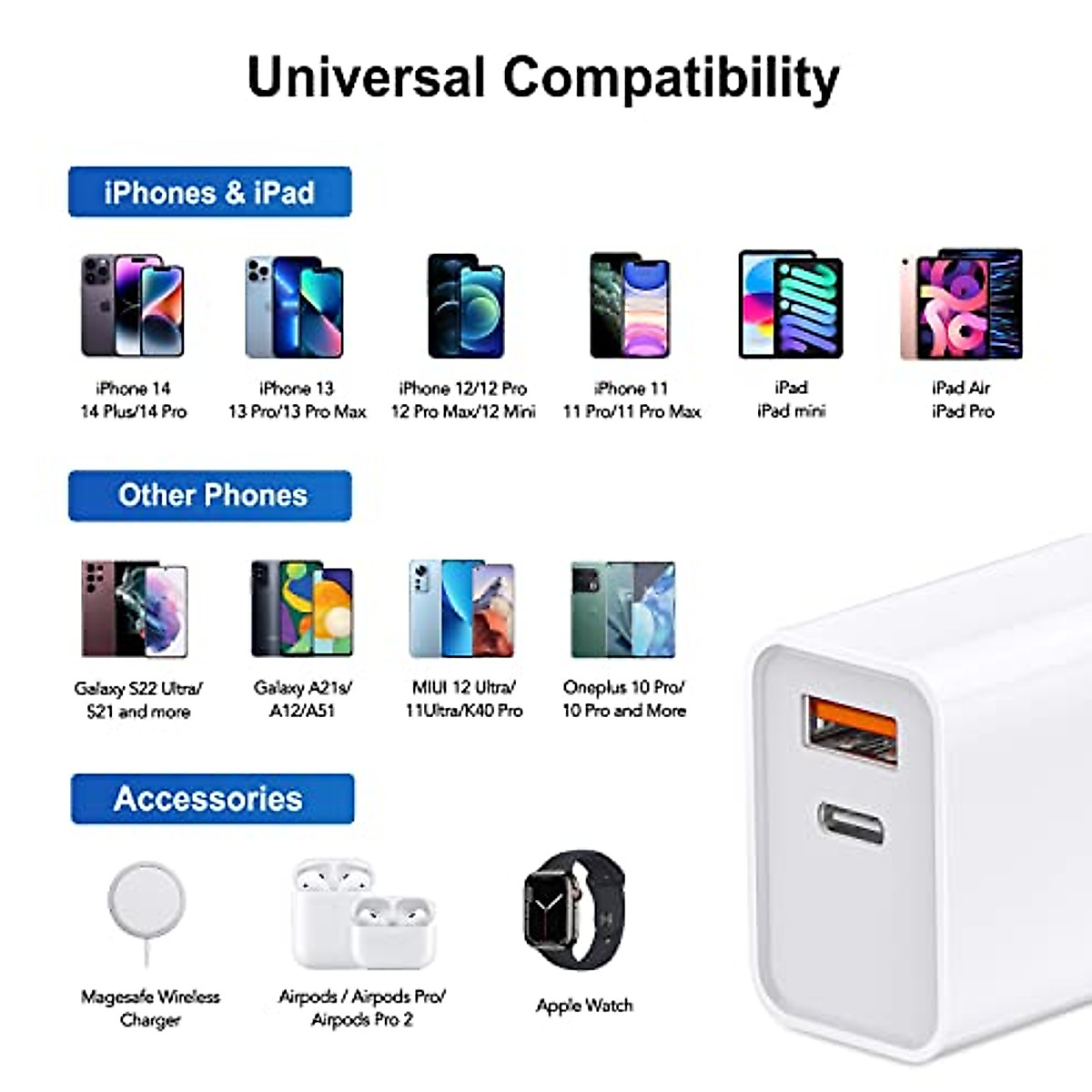 3 Pack 20W USB C Fast Charger, Dual Port PD Power Delivery + Quick Charger 3.0 Wall Charger Block Plug Cube for iPhone 14/14 Plus/14 Pro Max/13/12 Pro Max/Mini/11/XS/XR/X, iPad, Samsung, LG