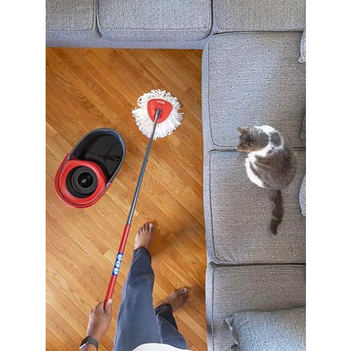 O-Cedar Easywring Microfiber Spin Mop & Bucket Floor Cleaning System with 1 Extra Refill,Red / Gray