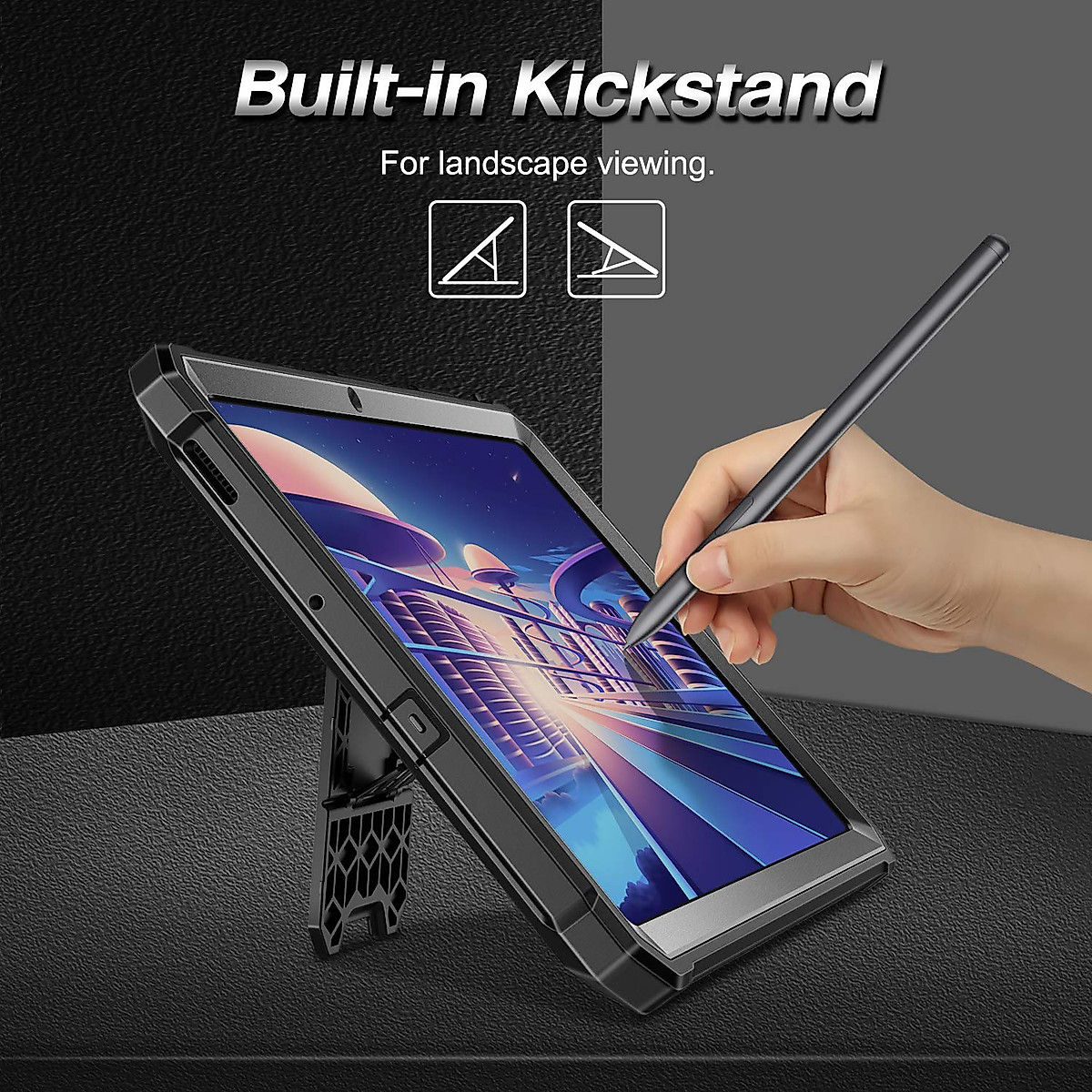 Fintie Shockproof Case for Samsung Galaxy Tab S6 Lite 10.4 Inch 2024/2022/2020, Tuatara Rugged Unibody Hybrid Bumper Kickstand Cover with Built-in Screen Protector, Black