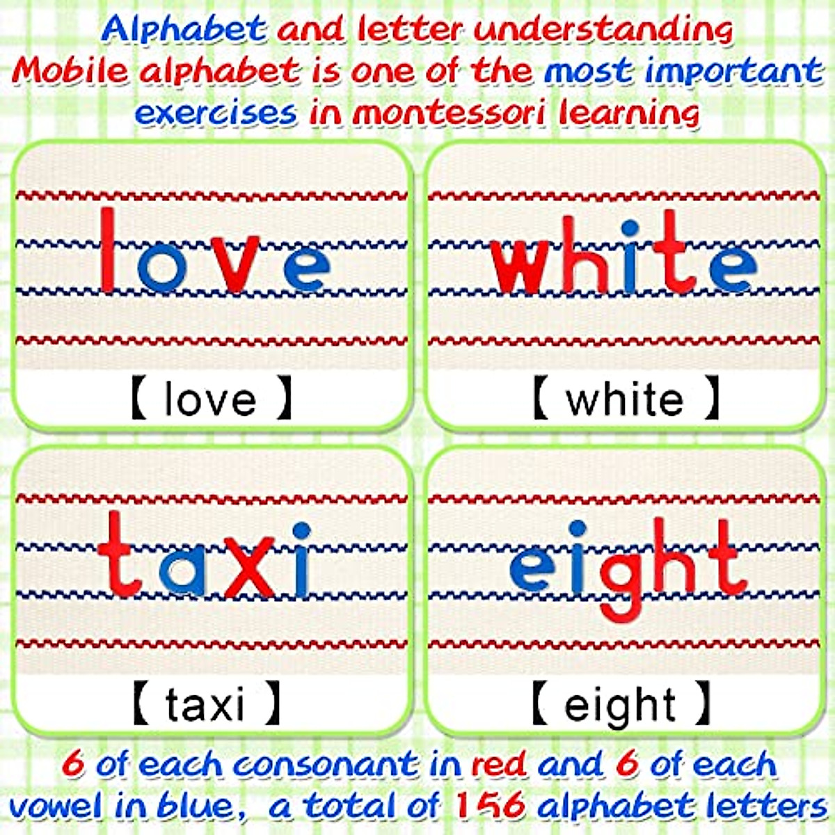 Montessori Letters Movable Wood Alphabet with Box and Large Mat Small Wooden Alphabet Letters Montessori Trays Preschool Spelling Learning Language Materials Objects, Red, Blue