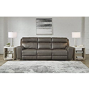 Signature Design by Ashley Roman Contemporary Tufted Leather Power Reclining Sofa with Adjustable Headrest, Gray