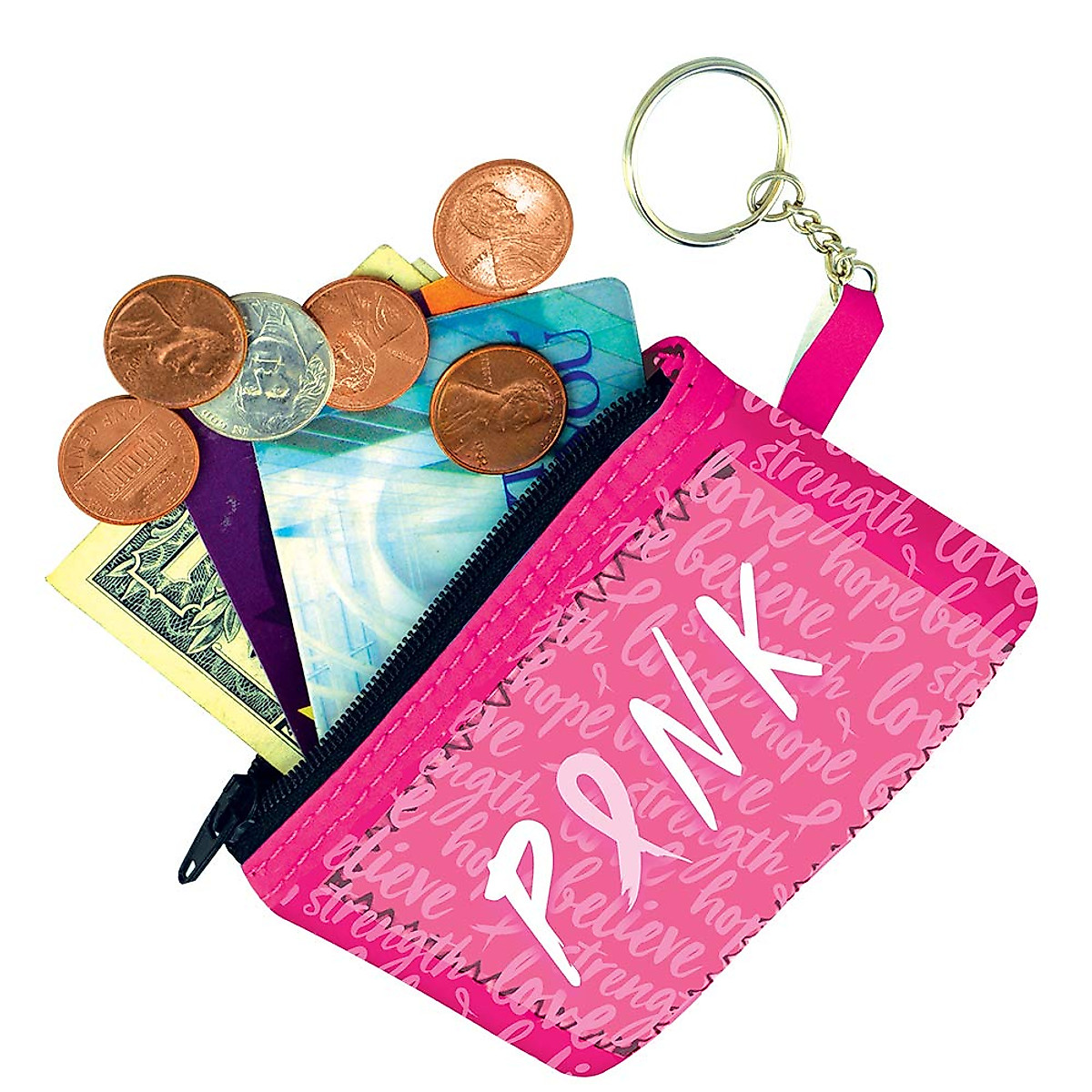 Pink Ribbon Breast Cancer Neoprene Coin Purse & Wallet Wristlet with ID Holder - Believe