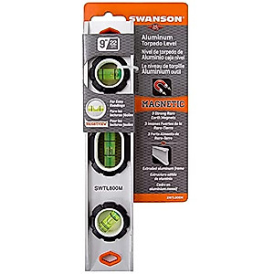 Swanson Tool Co SWTL800M 9 inch Extruded Aluminum Torpedo Level with 3 Rare Earth Magnets and 3 Bubble Vials for 0°/90°/45° Measurements