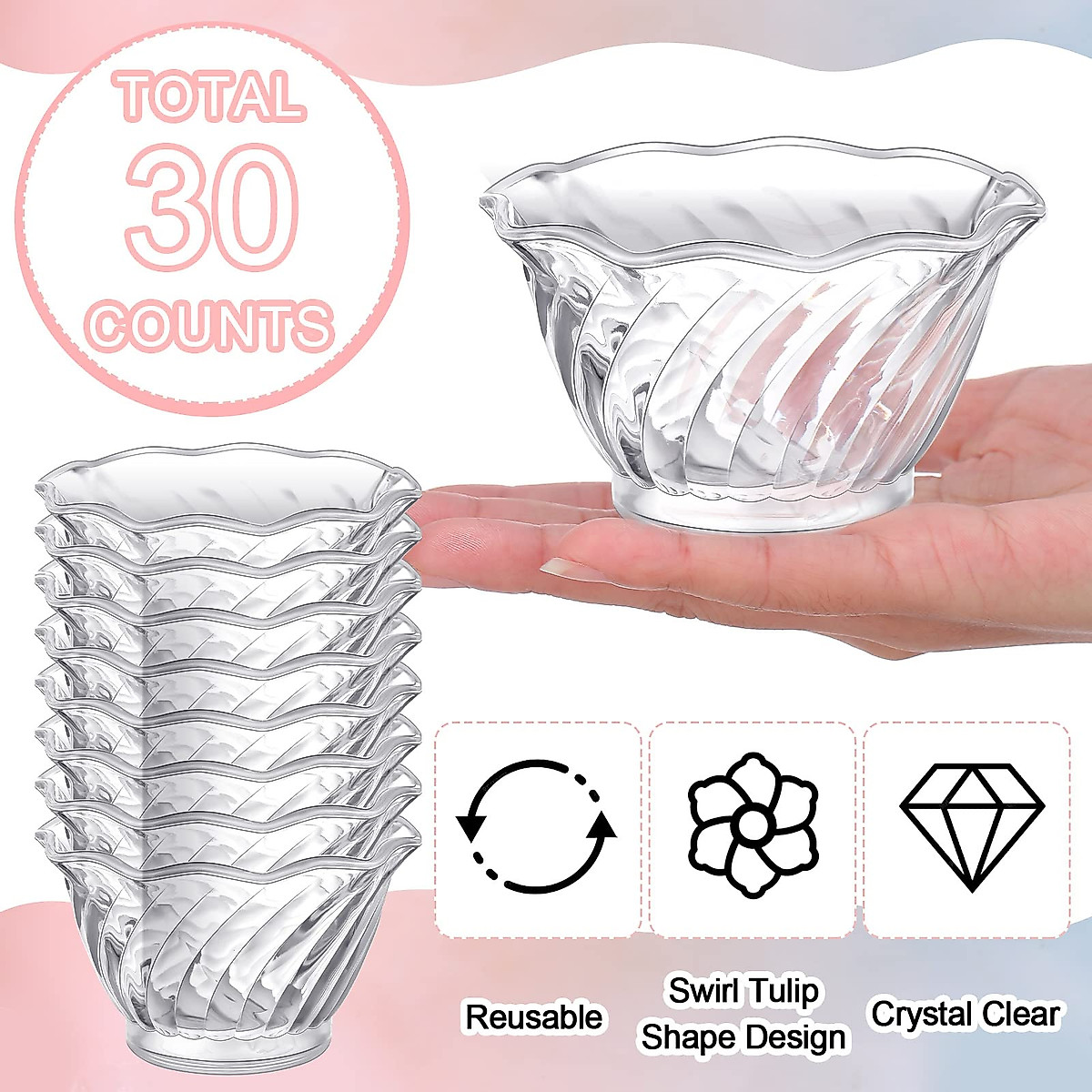 Rtteri 30 Pack Plastic Dessert Cups 6 oz Clear Ice Cream Sundae Tasting Bowls, Mini Round Swirl Tulip Shape Party Buffet Serving Cups for Yogurt Salad Appetizer Chocolate Candy Parfait Fruit