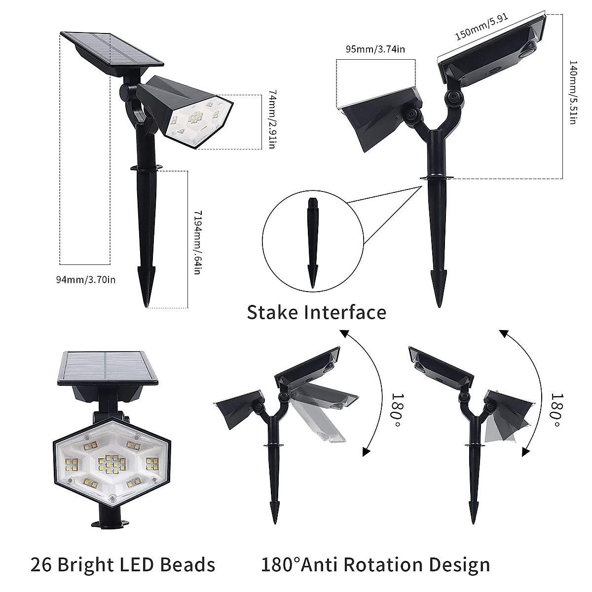 AB-1 2 Pack Solar Landscape Spot Lights Outdoor, Color Adjustable from White Light to Warm Light,2-in-1 4 Modes Waterproof Solar Powered Lights for Yard Garden Patio Driveway Pool