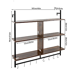 HOLMZCED 3 Tiers Wood Floating Shelving with Hooks, Industrial Wall Mounted Shelf Modern Wall Shelves Hanging Vintage Display Storage Shelf for Living Room Bathroom Bedroom Kitchen Coffee Bar