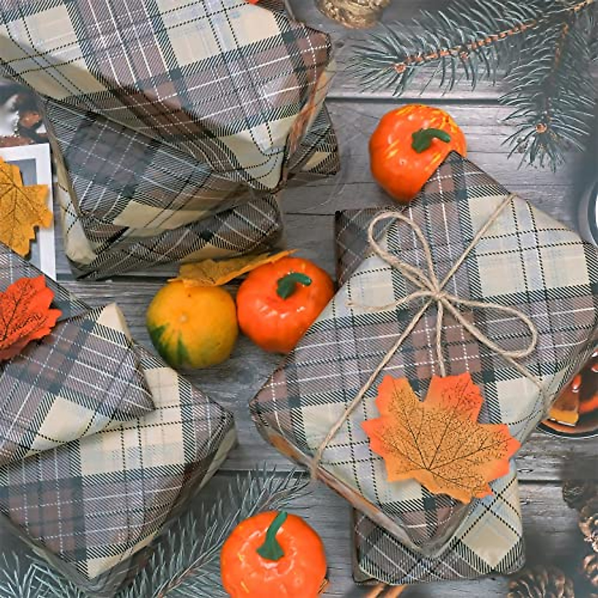 Buffalo Plaid Wrapping Tissue - 60 Sheets, 20 x 20inch, Brown, Fall, Thanksgiving, Rustic Art Paper, DIY Gift Bags, Party Favor, Autumn Decorations