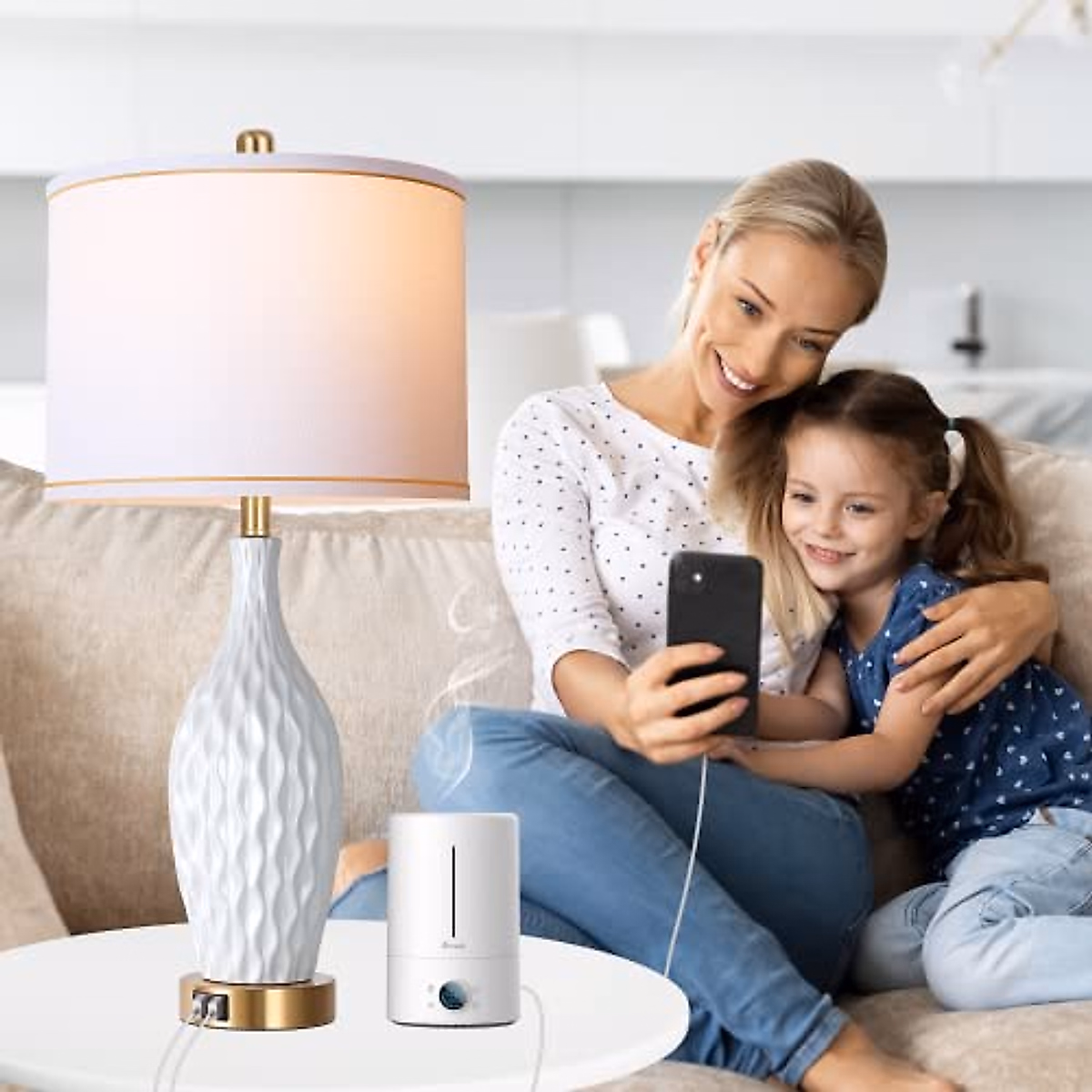 Vpazg White Table Lamp Set of 2, 3-Way Dimmable Touch Control Gold Bedside Lamps with USB Ports, 27inch Modern Ceramic Nightstand Lamp for Bedroom Living Room, Linen Shade (LED Bulb Included)