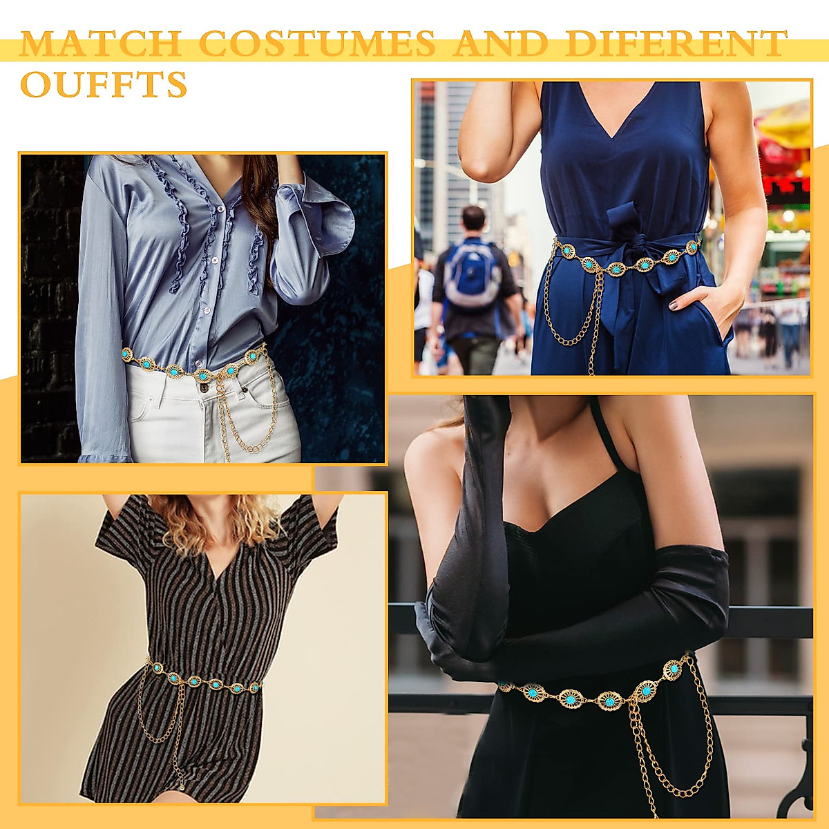 cobee Concho Chain Waist Belts for Women, Turquoise Western Metal Belt Adjustable Cowgirl Belt with Buckle for Jeans Dresses (Gold)