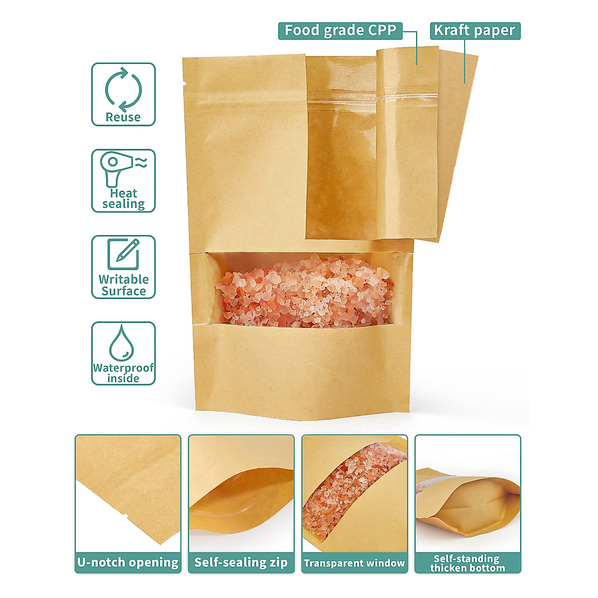 FireKylin 100 Pcs Kraft Paper Bags with Window, 6.3" x 8.6" Stand Up Pouches Bags, Zip Lock Food Storage Bags for Packaging Products, Reusable, Sealable