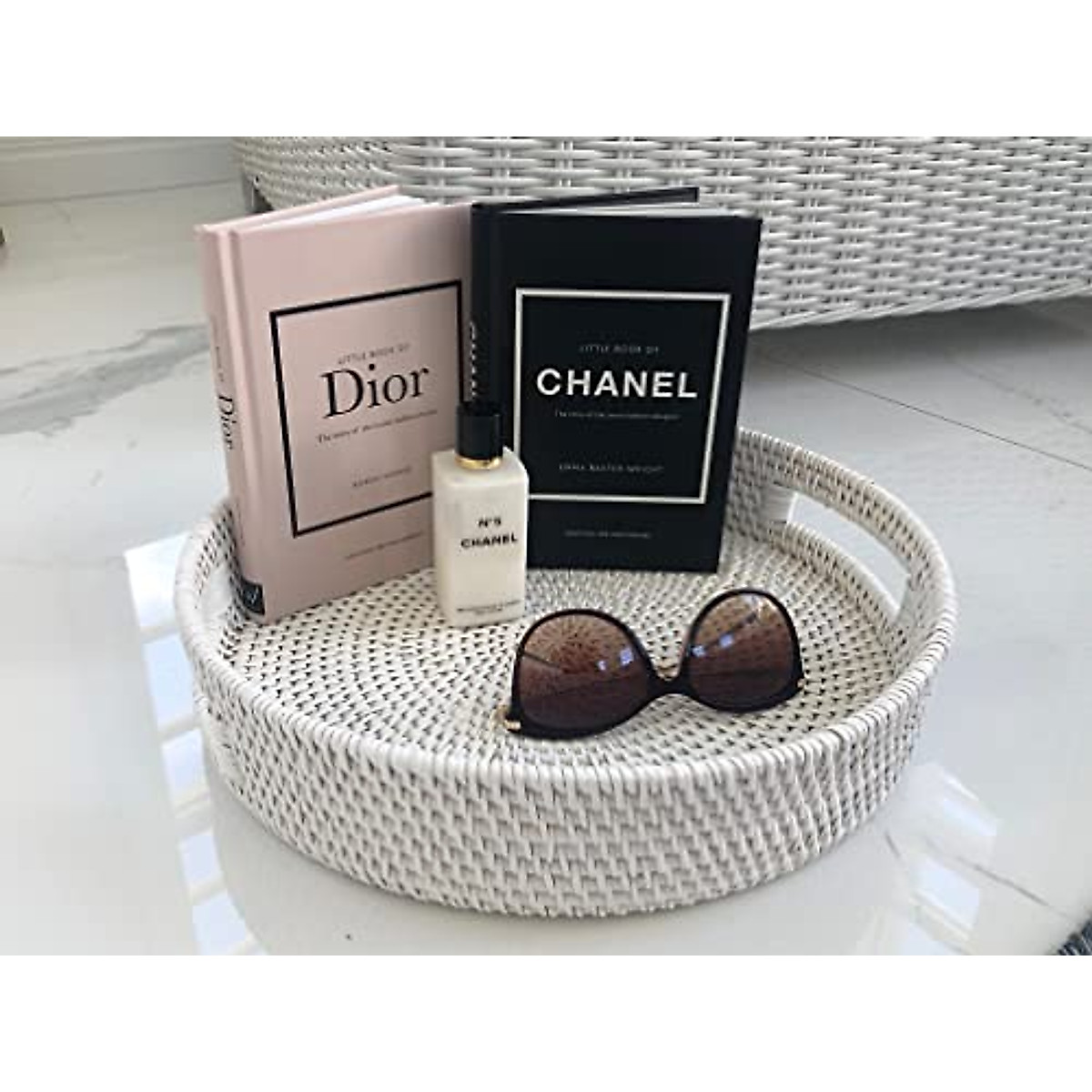 SIMPLY FABULOUS White Round Rattan Tray, Set of 2 Serving Trays with Handles, 13 & 11 inch