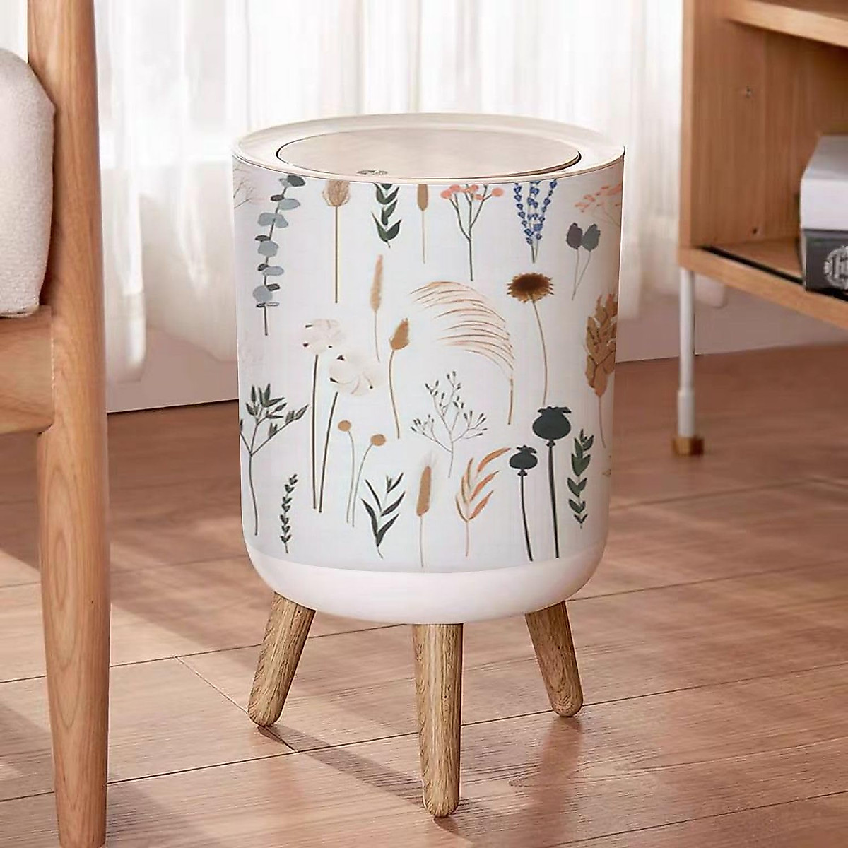 Small Trash Can with Lid for Bathroom Kitchen Office Diaper set boho plants Beautiful wild flowers Collection floral elements Bedroom Garbage Trash Bin Dog Proof Waste Basket Cute Decorative