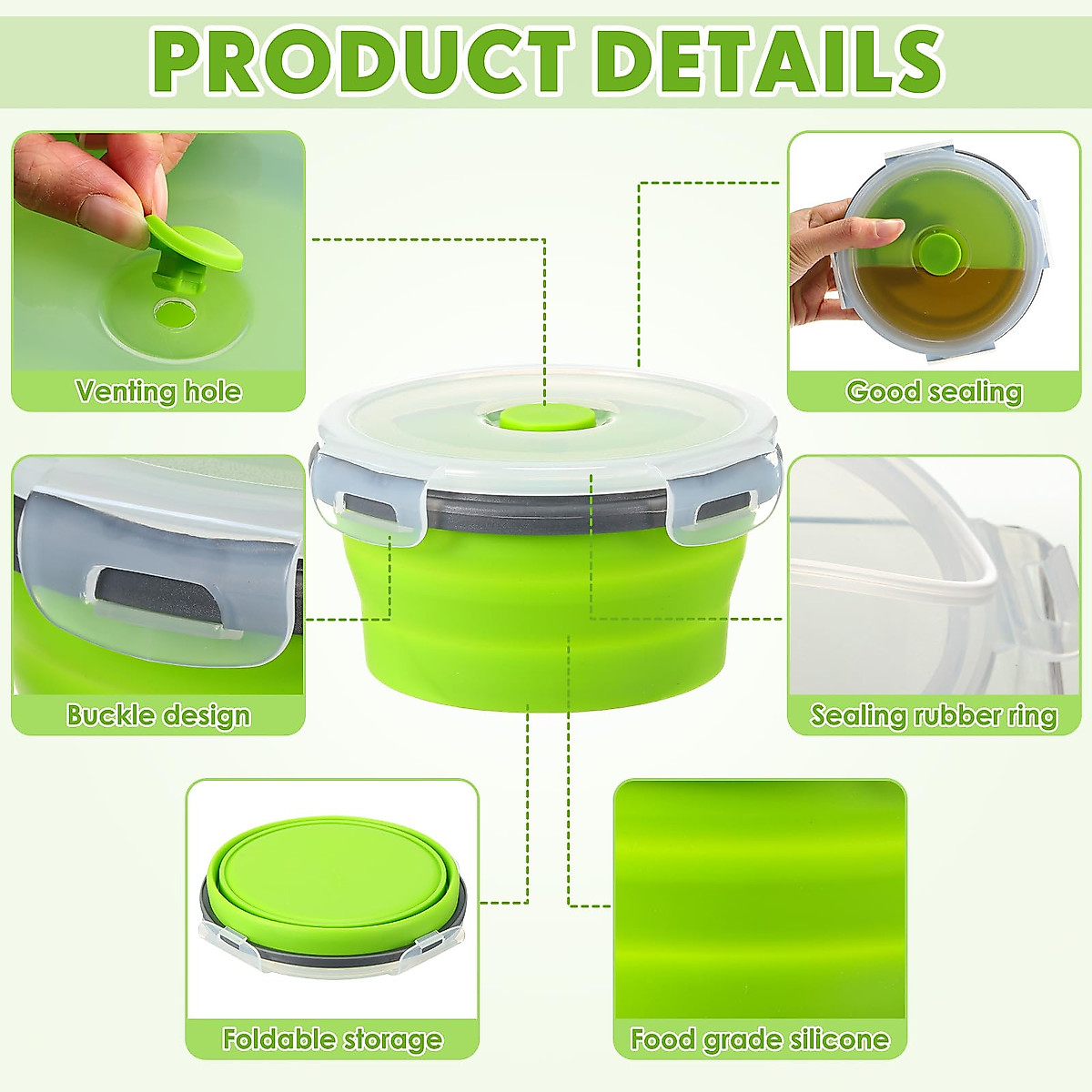 Dandat 16 Pcs Collapsible Food Storage, Silicone Food Storage Containers with Lids Including 8 Round Bowls, 8 Rectangle Bowls Collapsible Freezer Bowls Sets for Dishwasher (Green)
