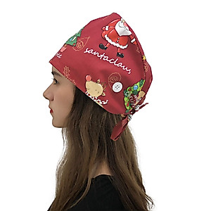 Christmas Printed Working Cap with Button and Sweatband Adjustable Bouffant Hats for Women Men （3 Pcs）