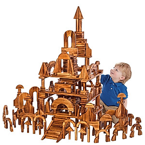210 pcs Outdoor Large Wooden Building Blocks Set for Kids Toddlers 3-12 (35 lbs), Big Carbonized Wooden Sensory Blocks Toys, Mega Outside Building Toys for Preschool